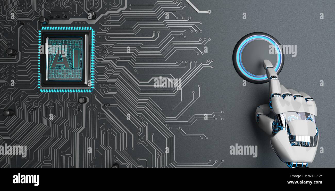 Robot Hand Start Button Microchip AI Stock Photo - Alamy