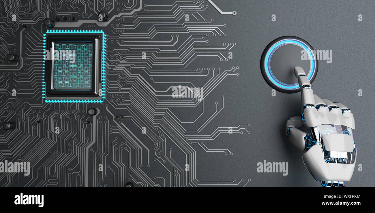 Robot Hand Start Button Microchip Stock Photo - Alamy