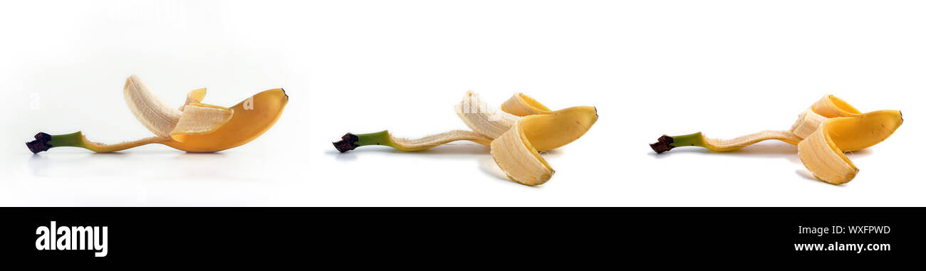 Banana sequence.The same ripe fruit in different stages on white ...