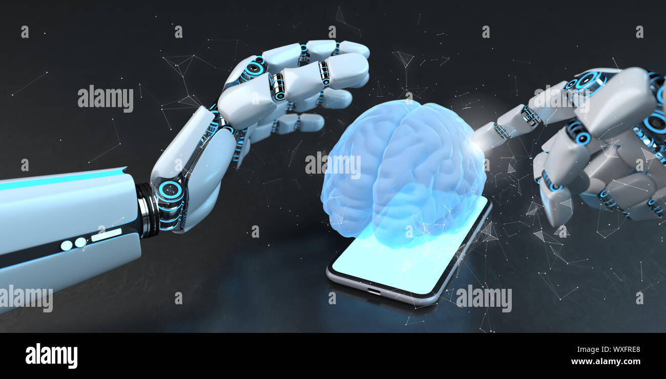 Humanoid Robot Hand Smarthone Human Brain Stock Photo - Alamy