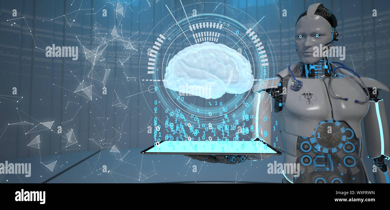 Humanoid Robot Tablet Human Brain Stock Photo - Alamy