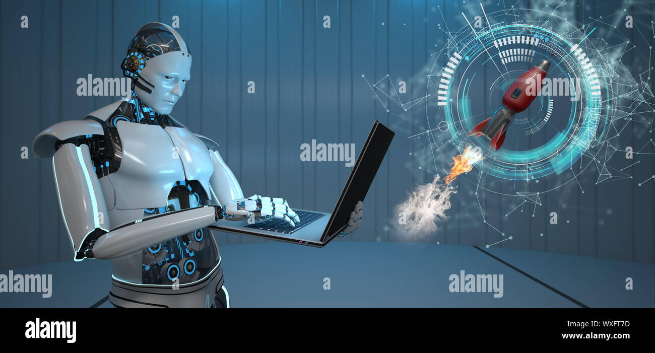 Humanoid Robot Notebook Rocket Stock Photo - Alamy