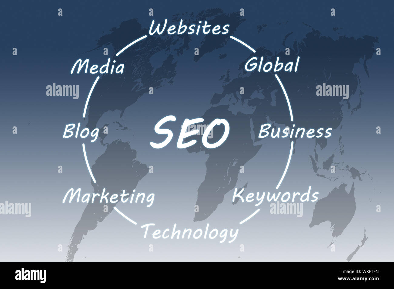 SEO concept on blue background with world map Stock Photo - Alamy