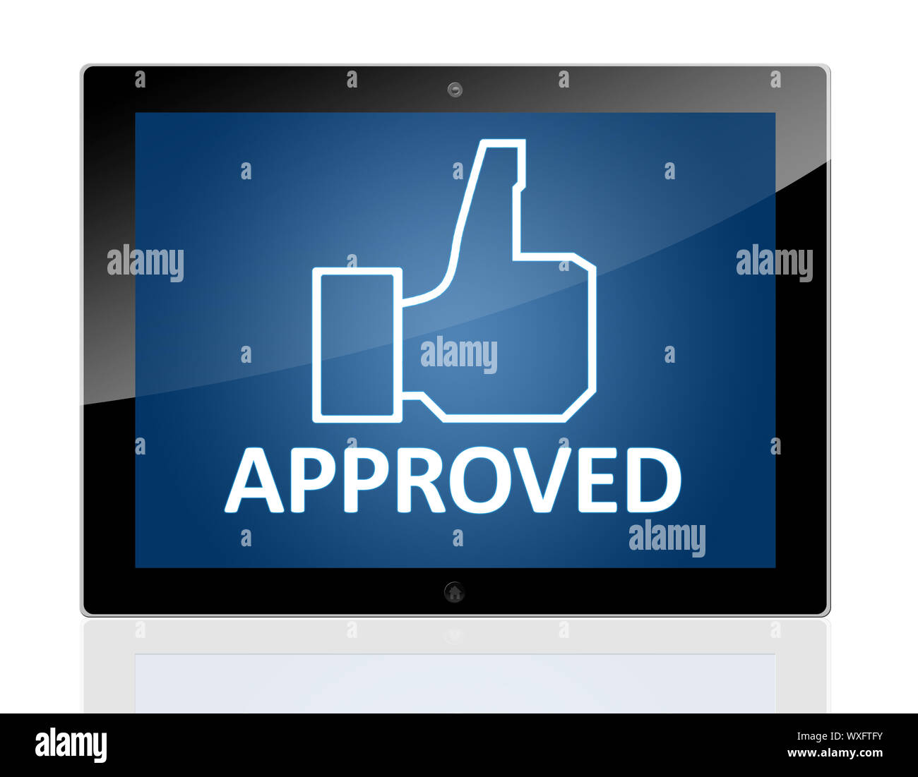 Tablet PC with a hand icon and word Approved on blue background ...