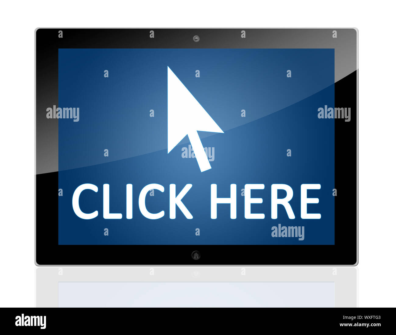 Tablet PC with a mouse cursor icon and words Click Here on blue ...