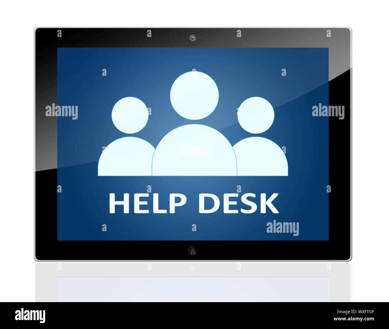 Tablet PC with people icons and words Help Desk on blue background ...