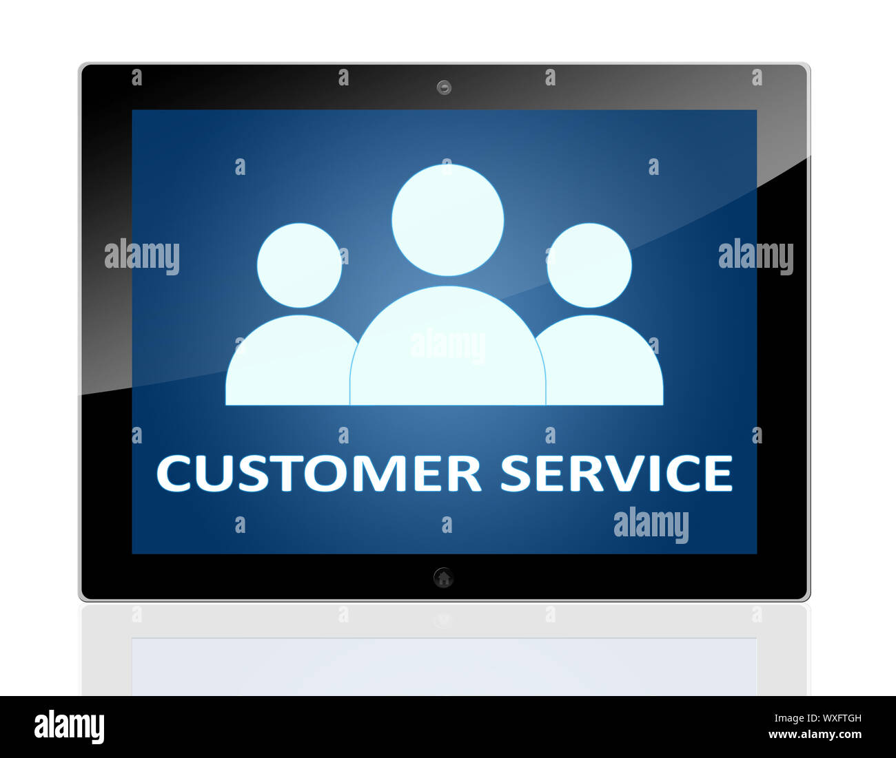 Tablet PC with people icons and words customer service on blue ...