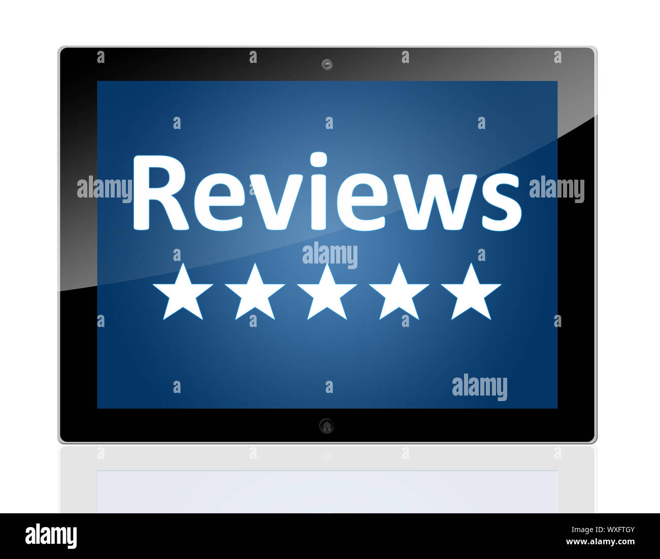 Tablet PC with a star icons and word Reviews on blue background ...