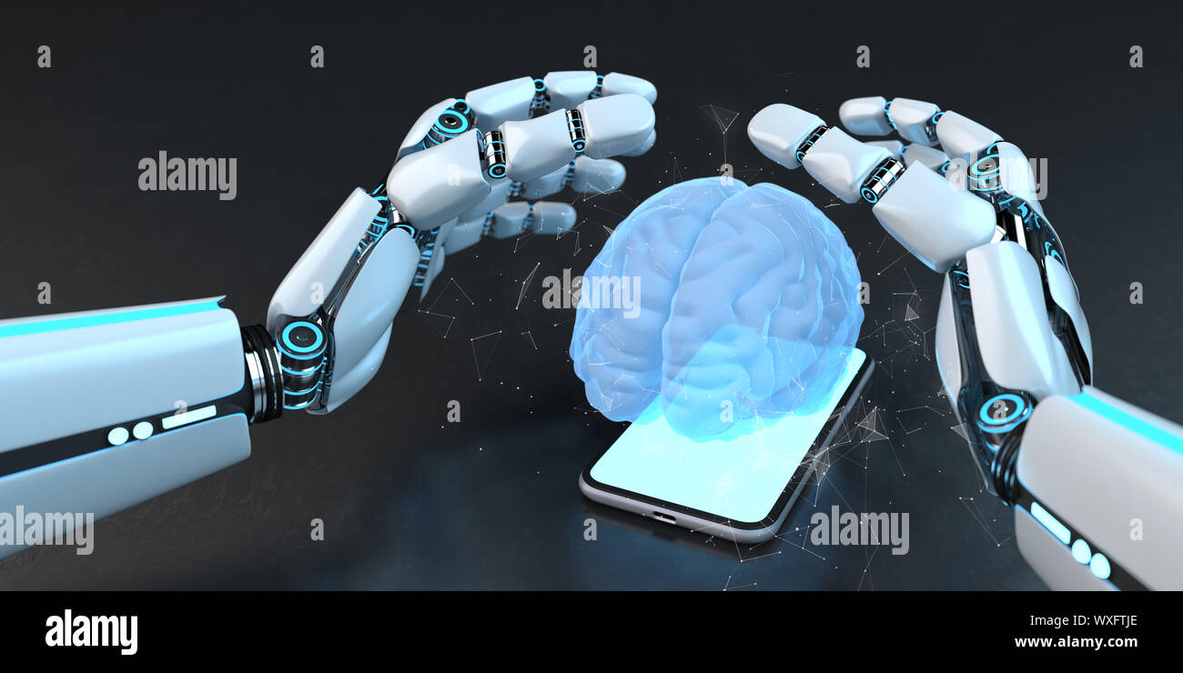 Humanoid Robot Hand Smarthone Human Brain Stock Photo - Alamy