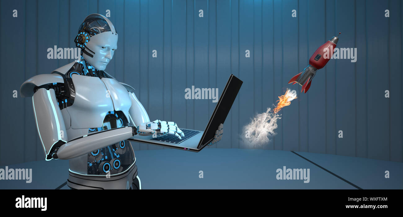 Humanoid Robot Notebook Rocket Stock Photo - Alamy