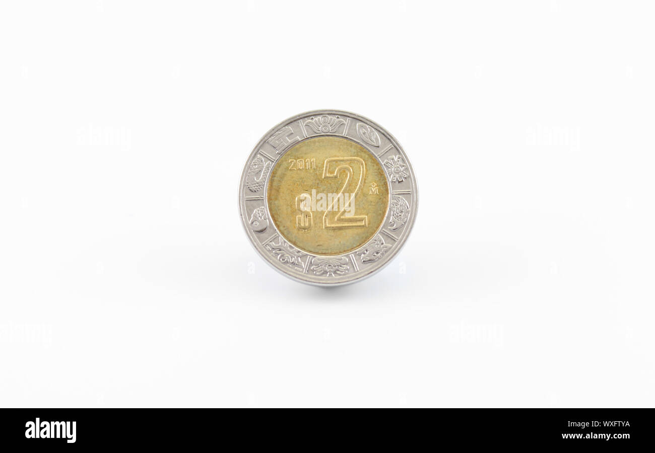 Mexican 2 peso coin front view isolated on white Stock Photo - Alamy