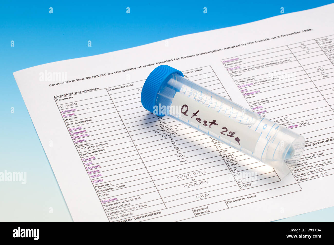 Drinking water in the test tube for chemical and microbiological ...
