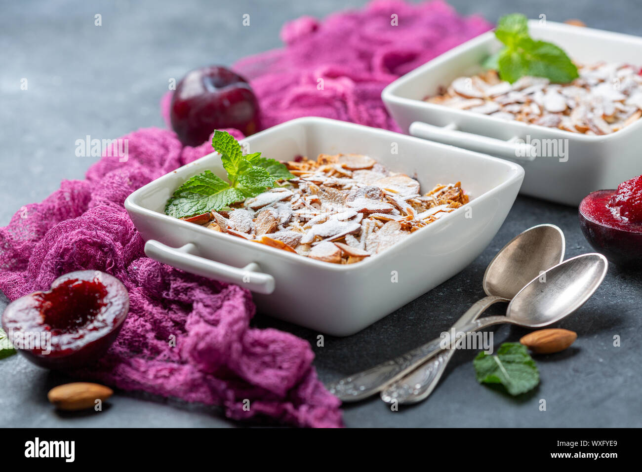 Homemade plum crumble Stock Photo - Alamy