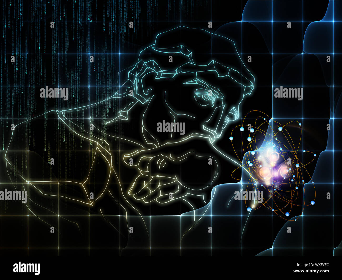 Arrangement of fractal grid, sketch of Rodin Thinker and abstract atom ...