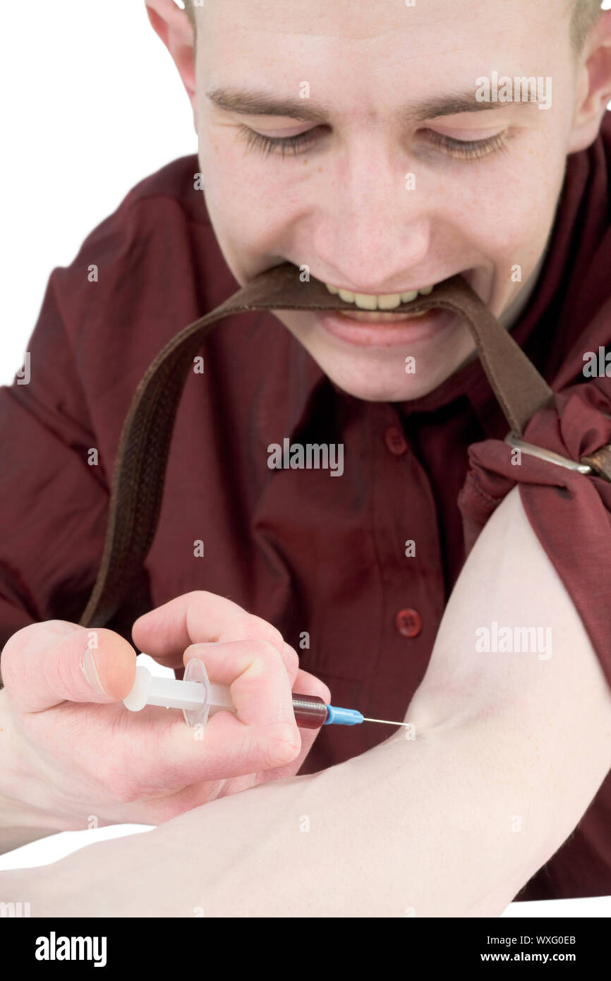 Young man to give an injection himself on white Stock Photo - Alamy