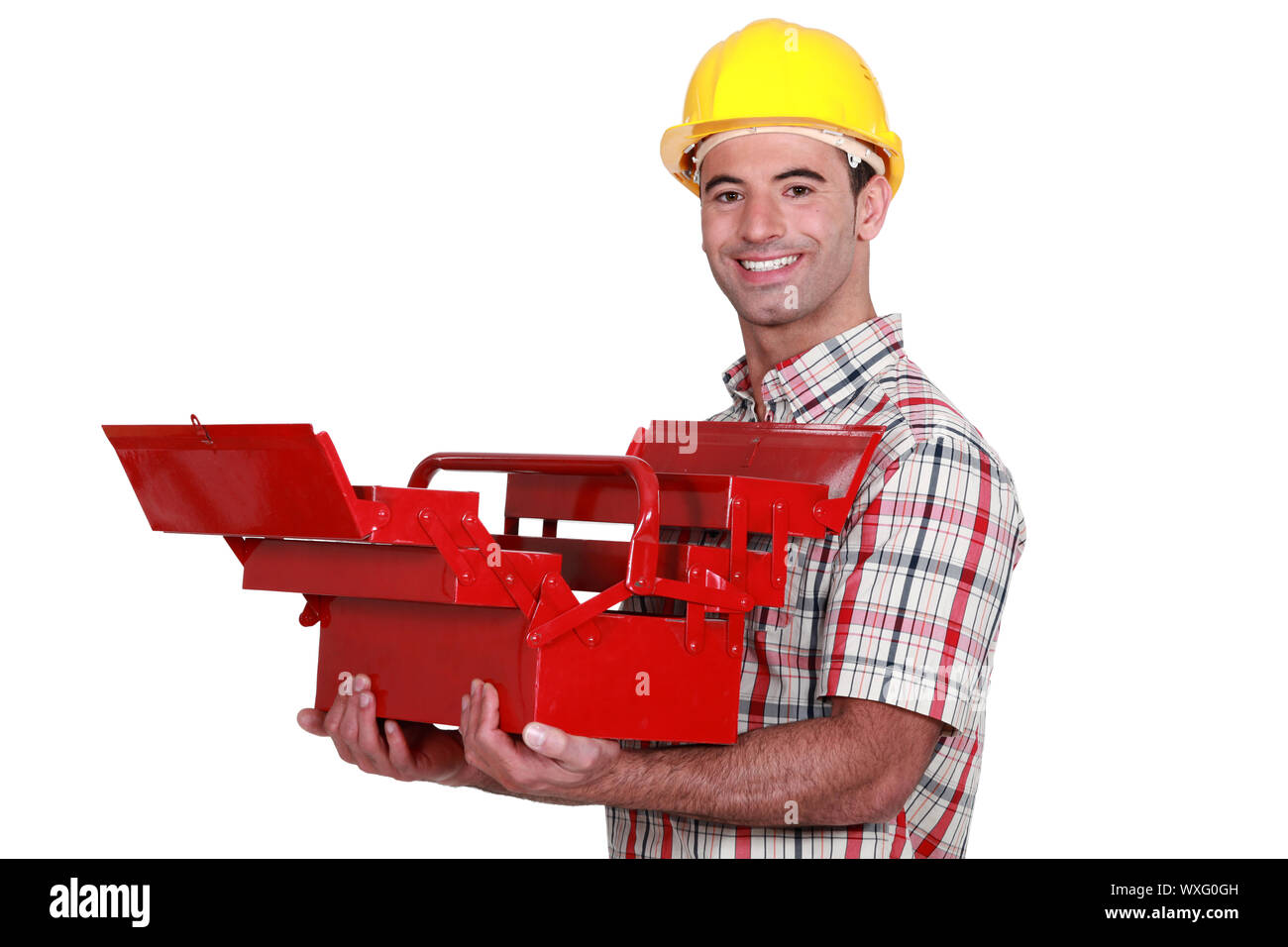 Worker with an open toolbox Stock Photo - Alamy
