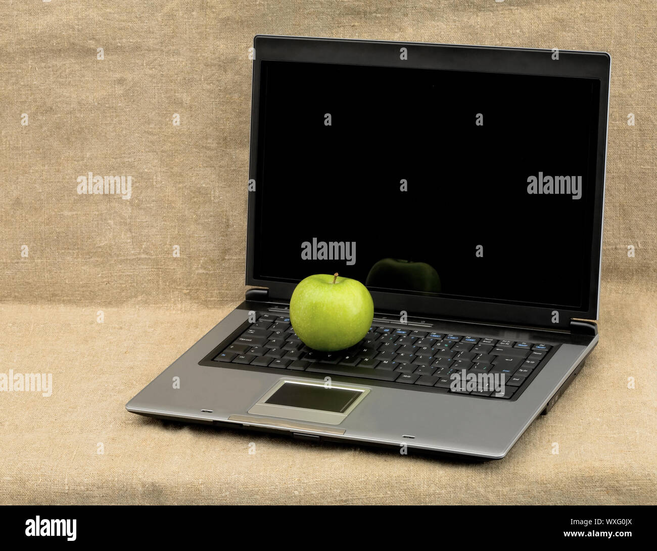 Laptop and green apple on the textile background Stock Photo - Alamy