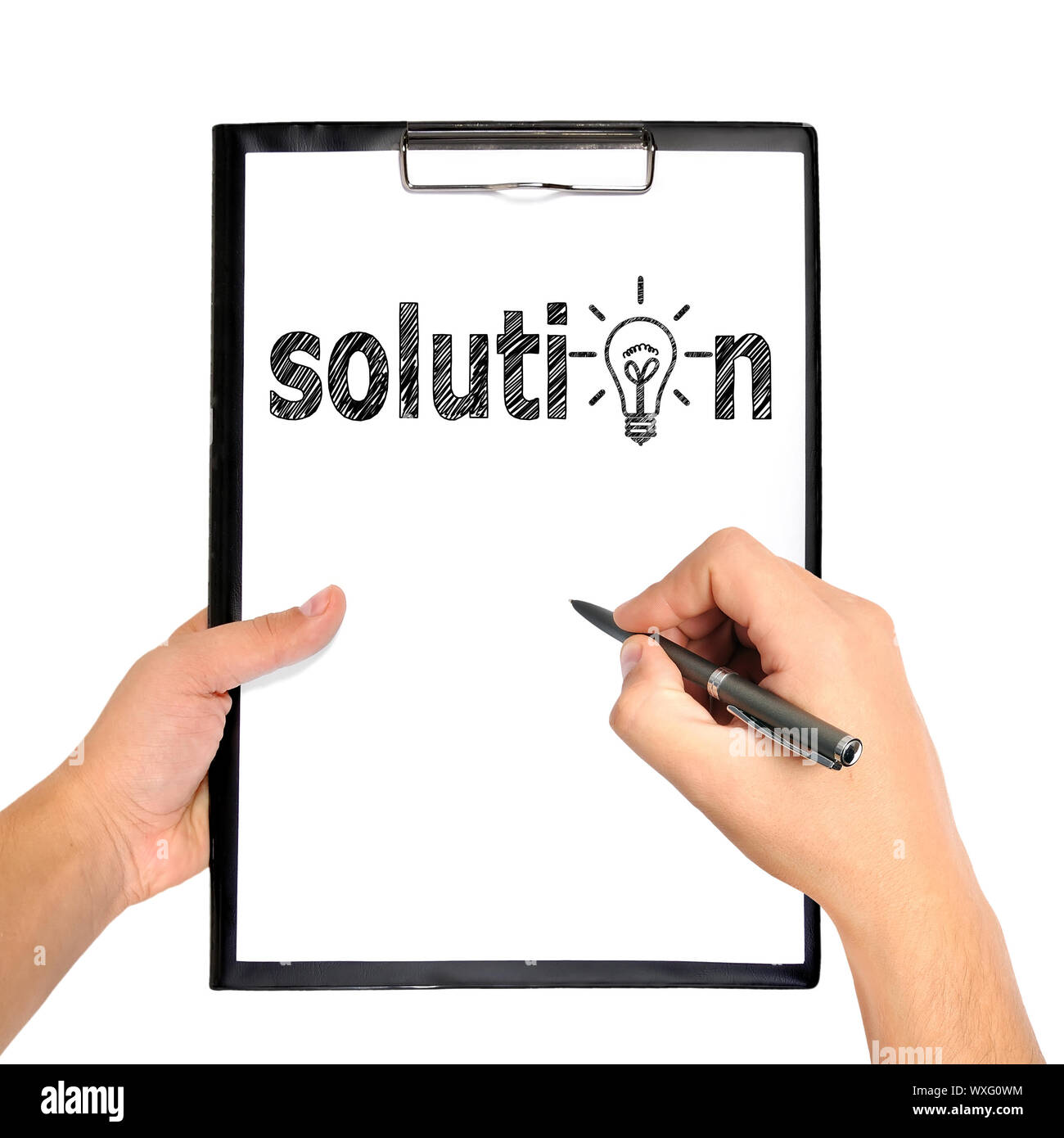 clipboard whit solution symbol in hand Stock Photo - Alamy