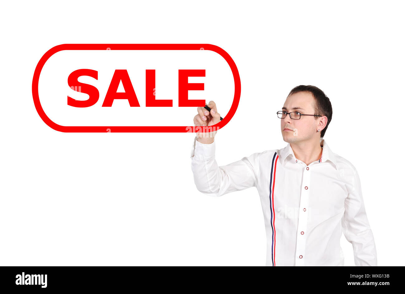 men drawing sale symbol on a white background Stock Photo - Alamy