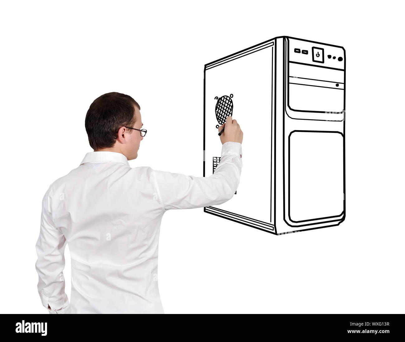 businessman drawing computer system unit on a white background Stock ...