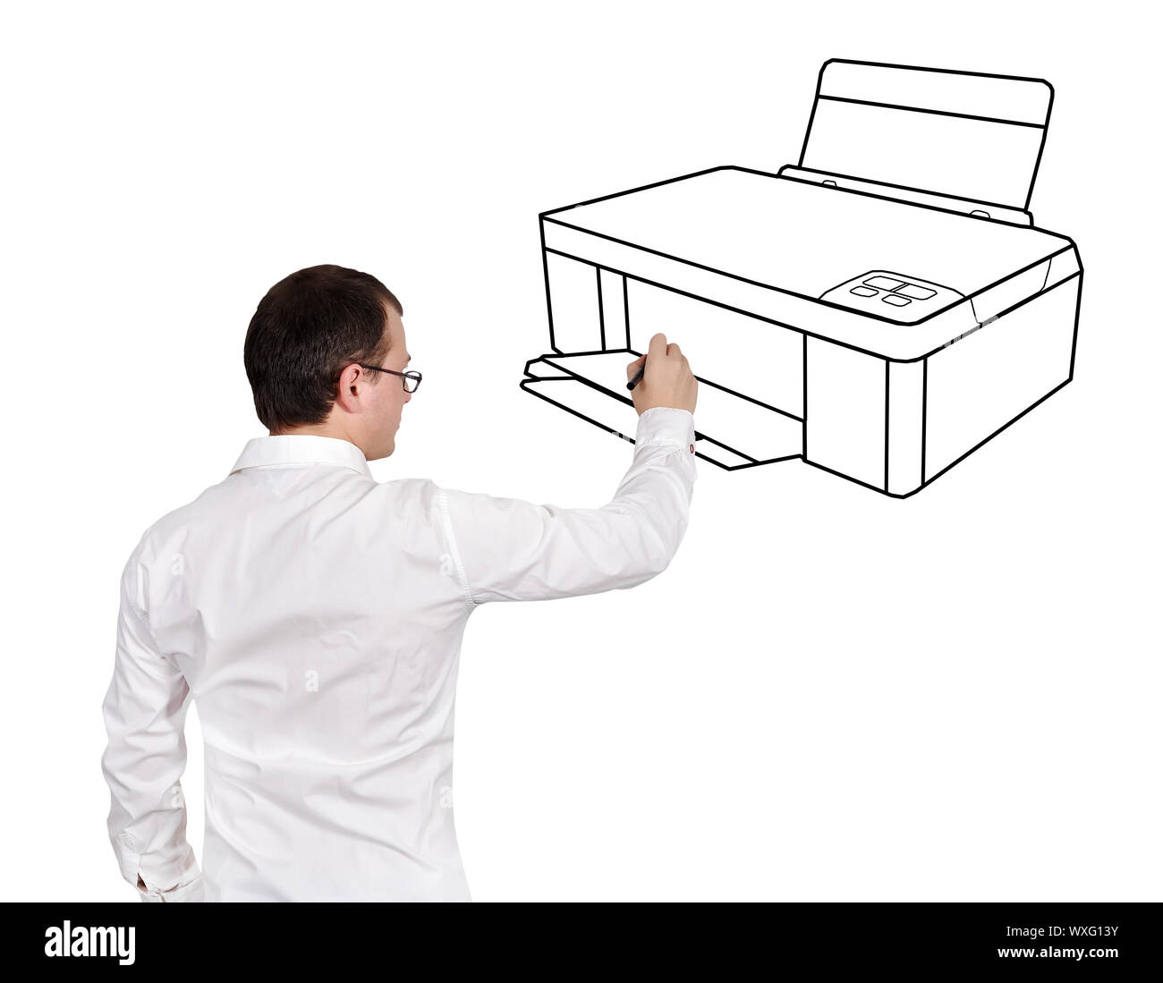 businessman drawing printer on a white background Stock Photo - Alamy