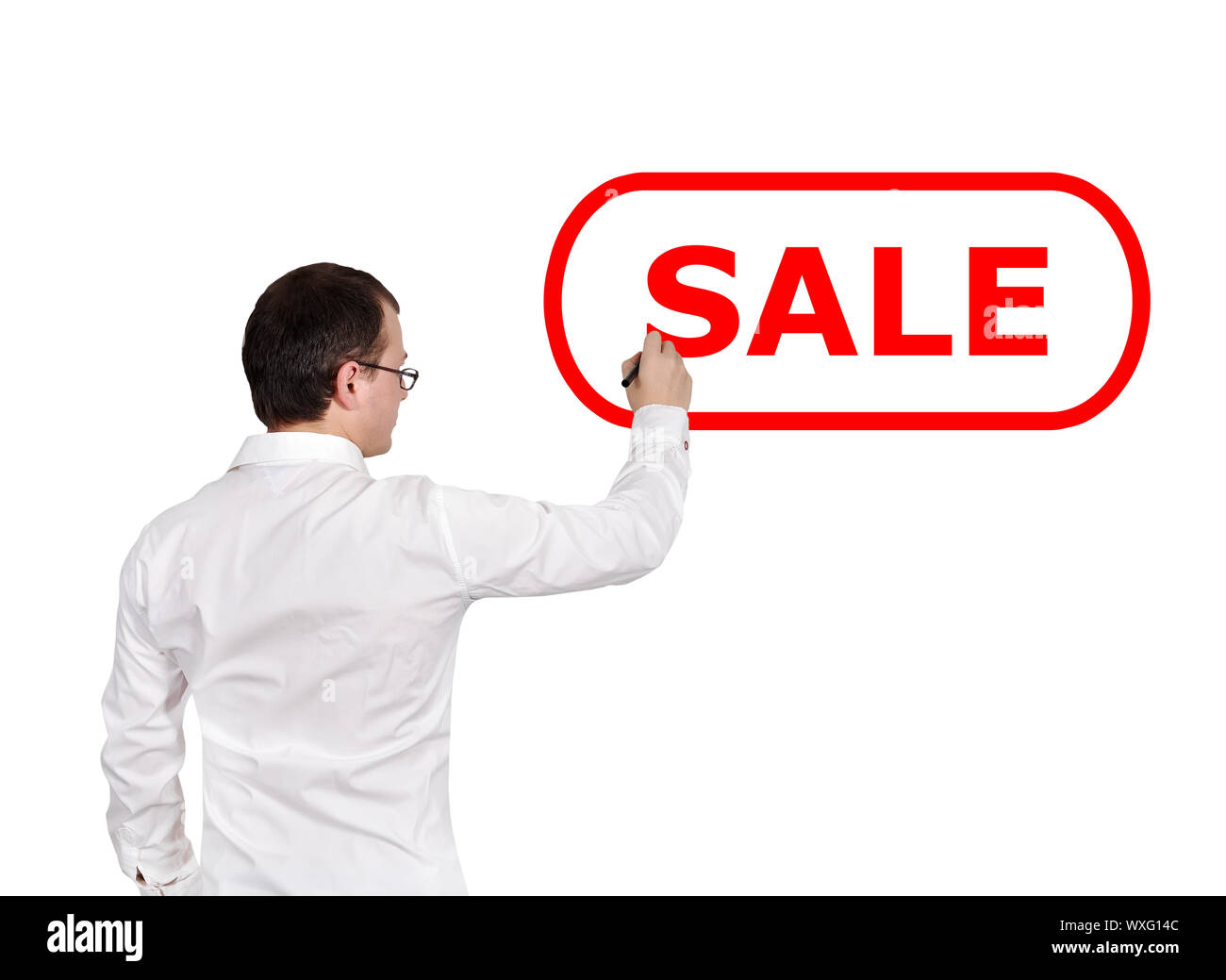 businessman drawing sale sign on a white background Stock Photo - Alamy