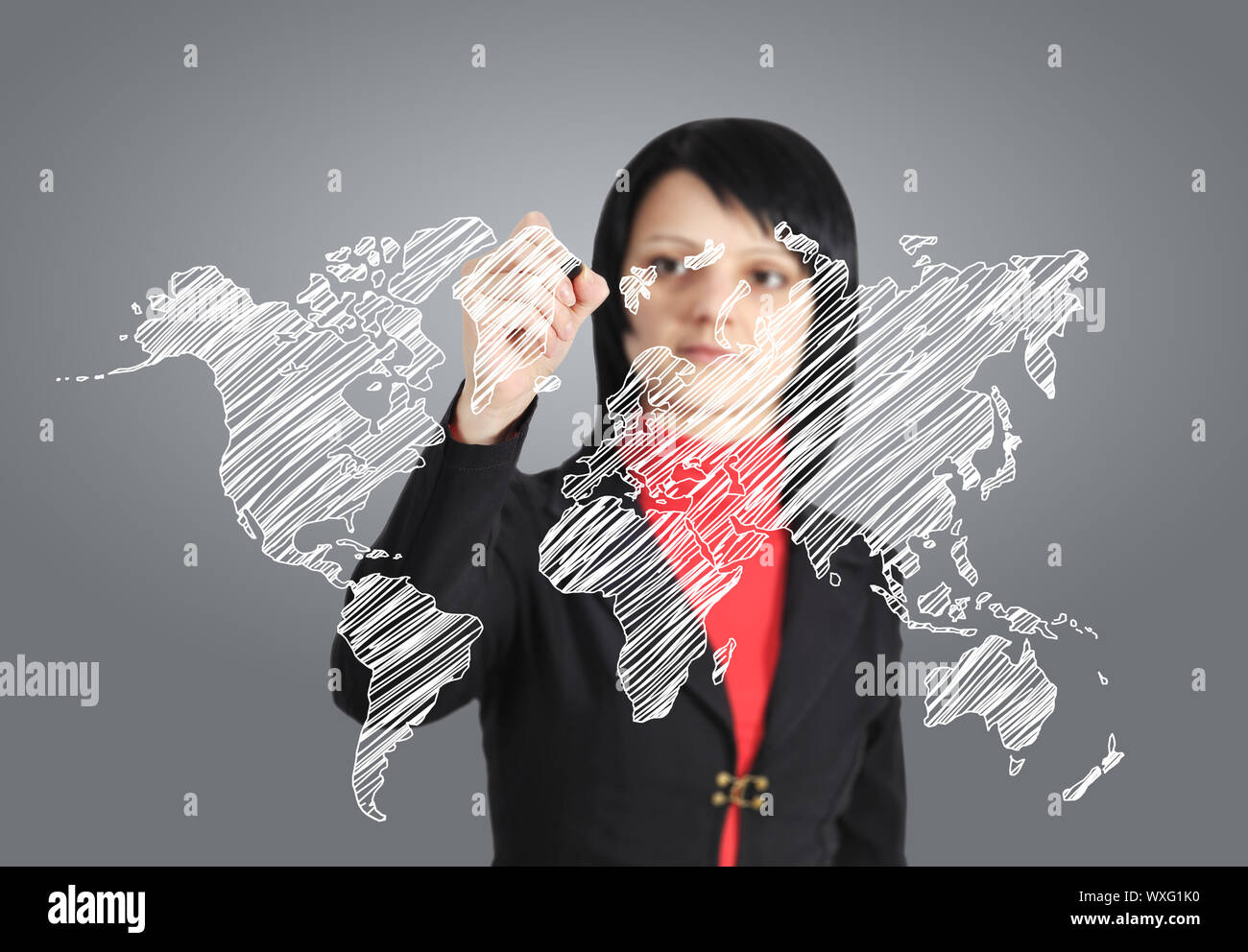 woman drawing a map on a glass window in an office Stock Photo - Alamy