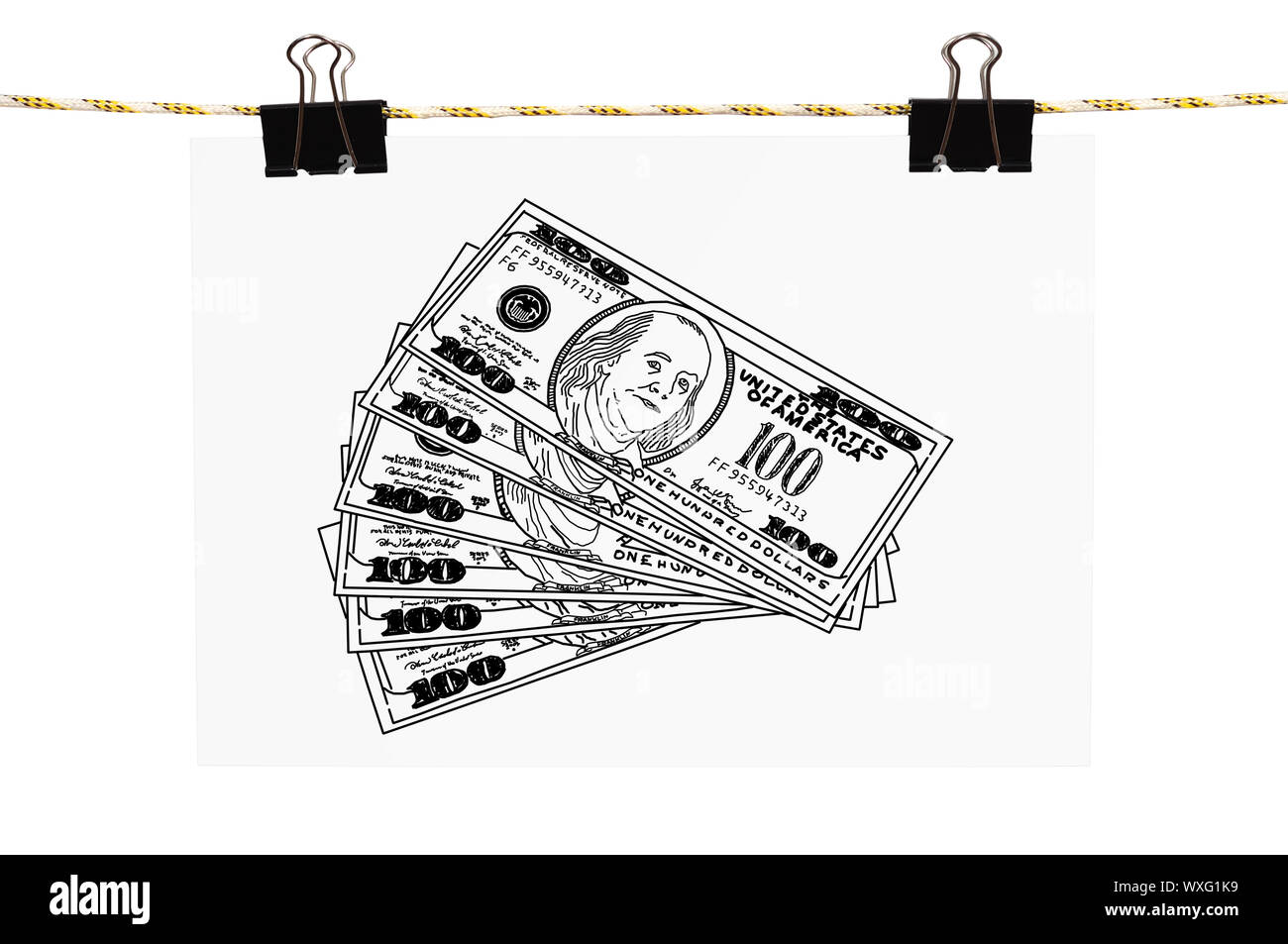 poster with drawing dollars hanging on a rope Stock Photo - Alamy
