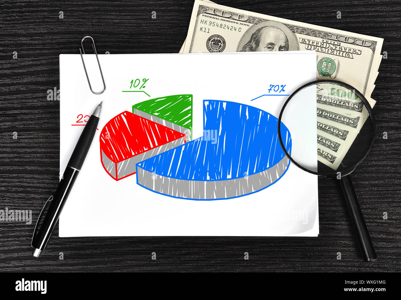 paper with pie chart and money in the office Stock Photo - Alamy