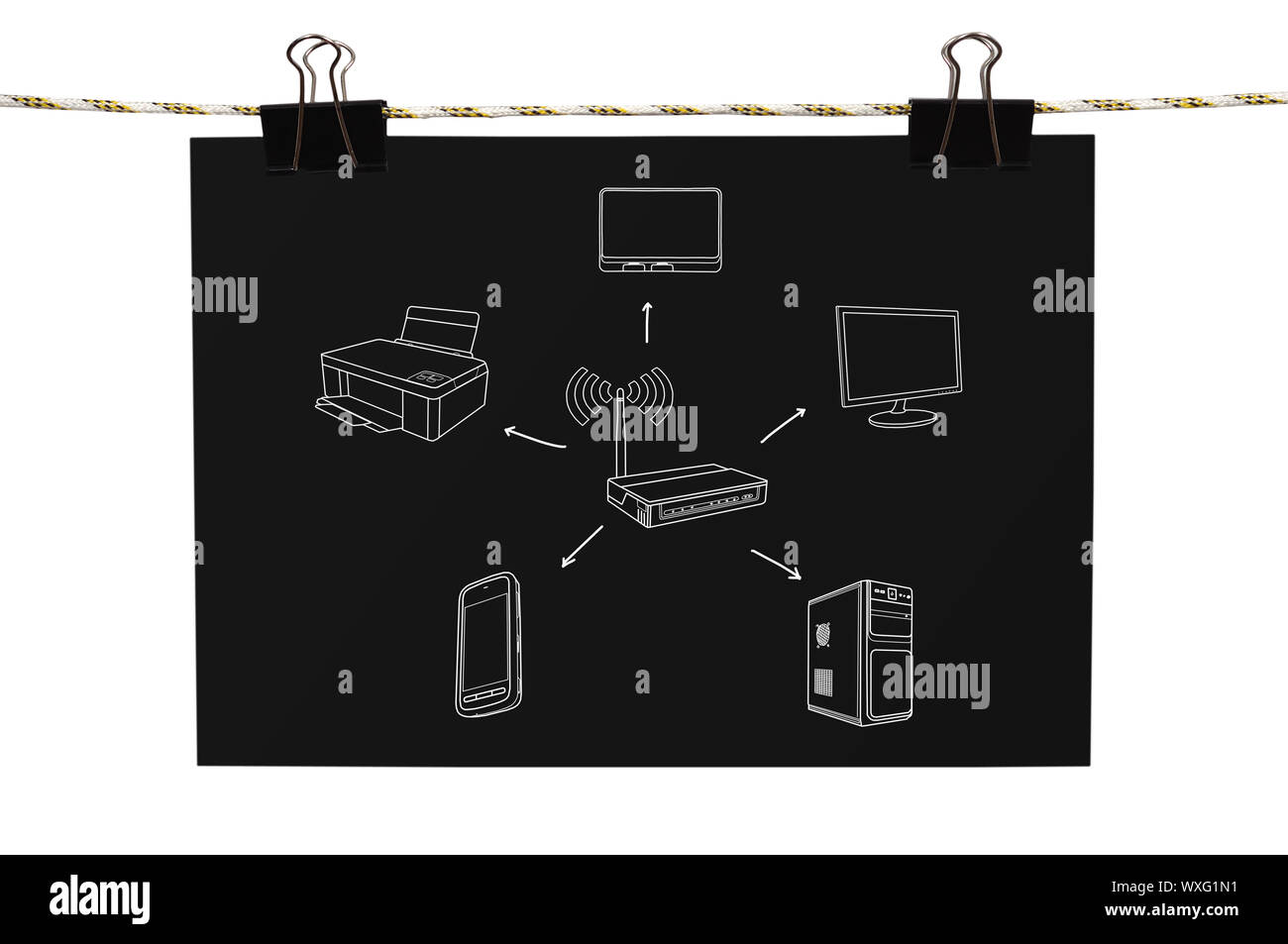 black paper with drawing computer network hanging on a rope Stock Photo ...