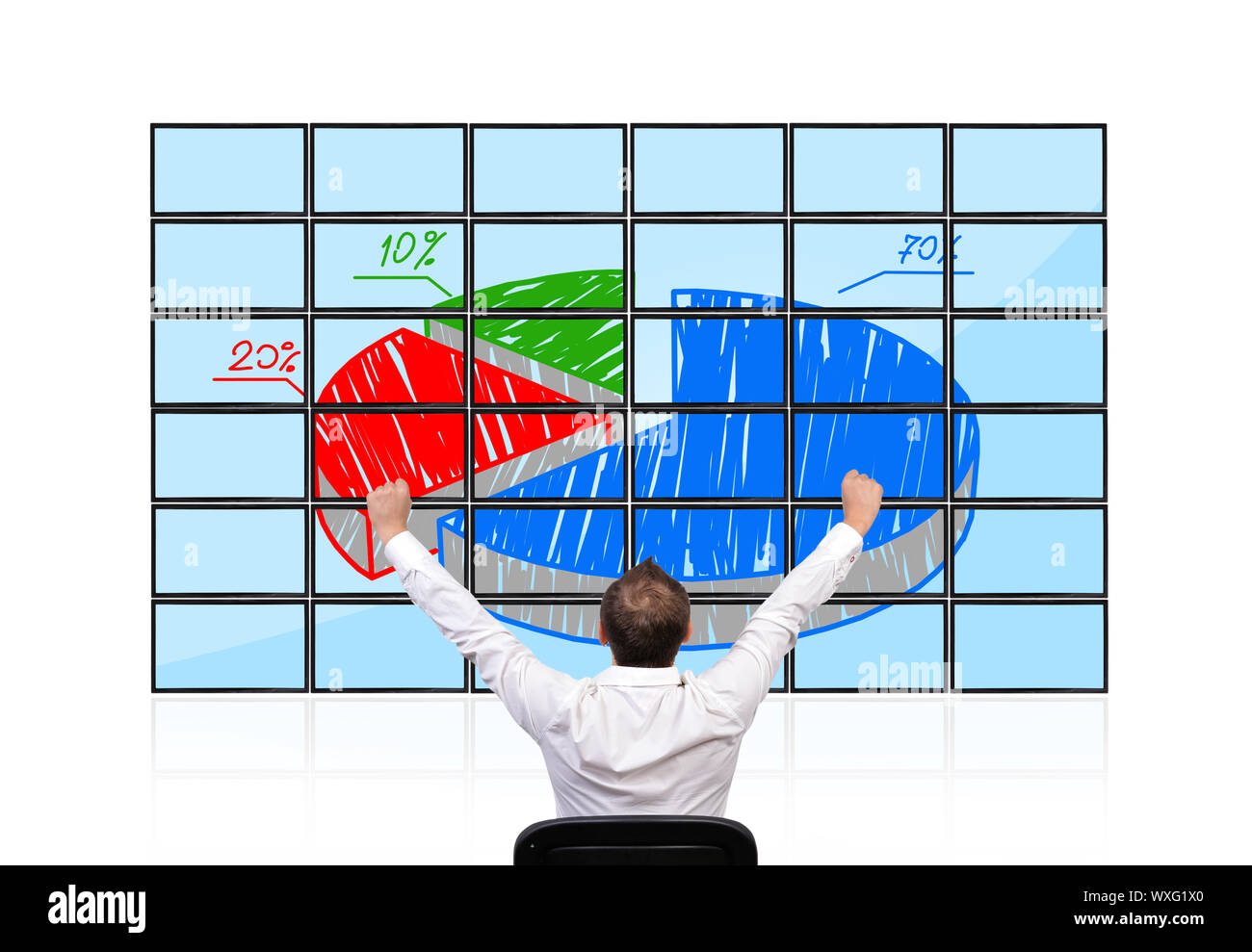 happy man looking on flat panels with pie chart Stock Photo - Alamy