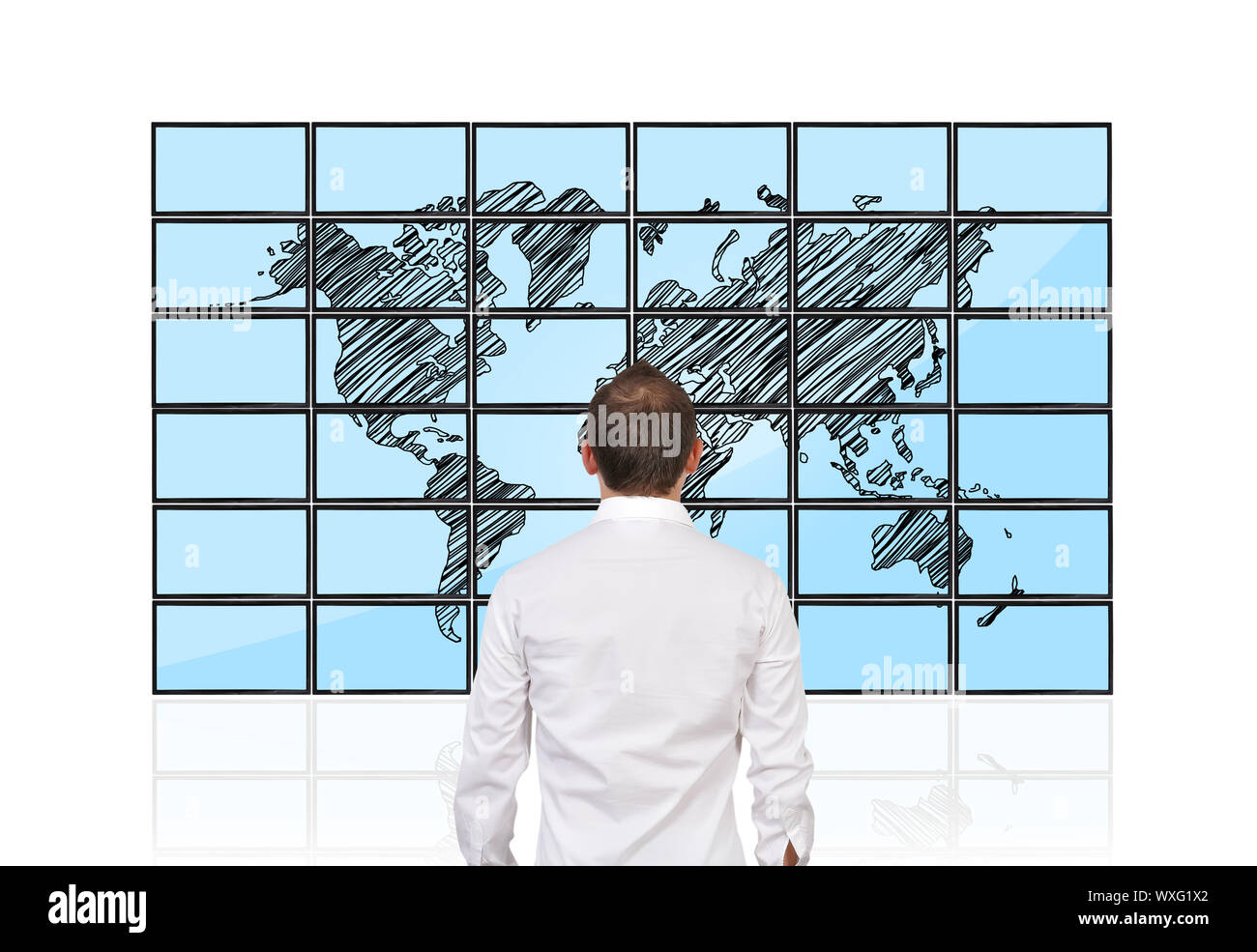 men looking at map of world on flat panels Stock Photo - Alamy