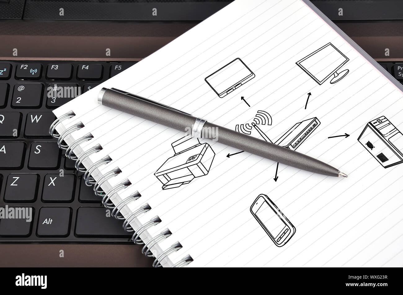 notebook with computer network and laptop Stock Photo - Alamy