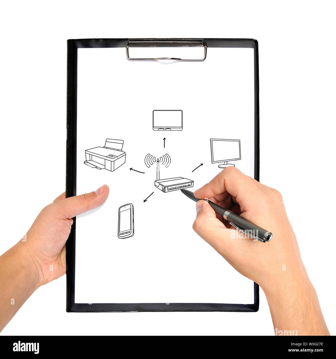 hand drawing scheme wi-fi on clipboard Stock Photo - Alamy