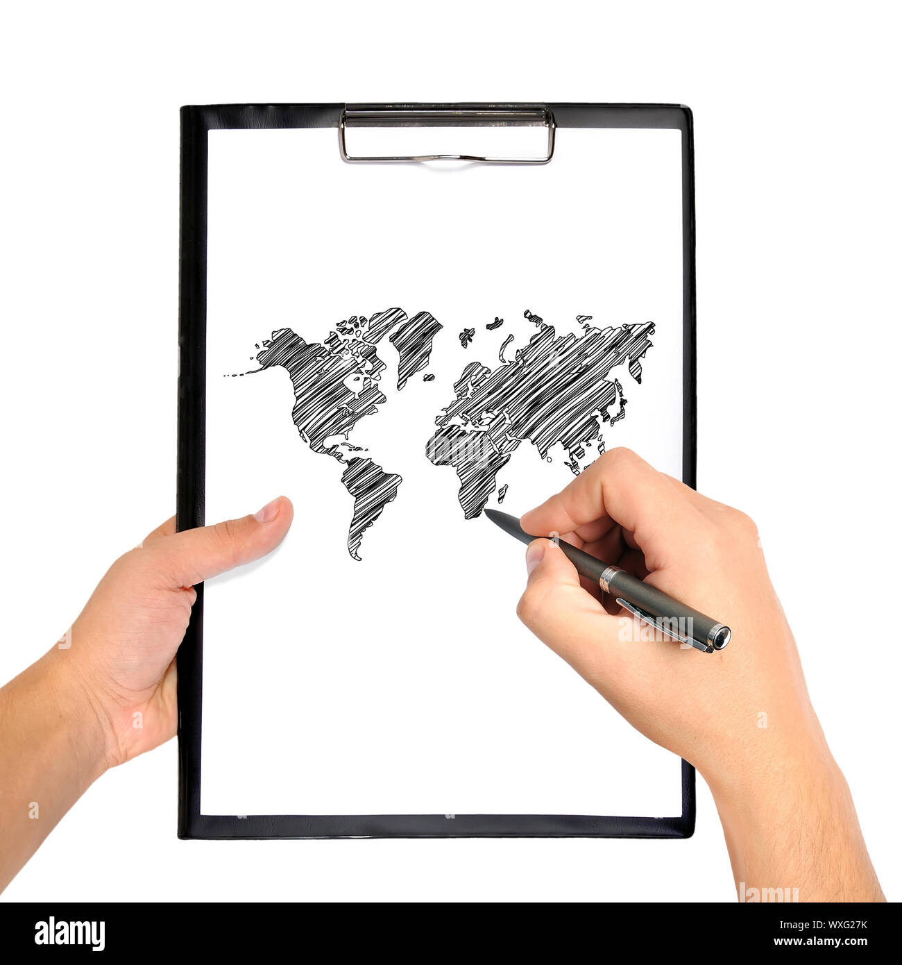 hand drawing world map on clipboard Stock Photo - Alamy