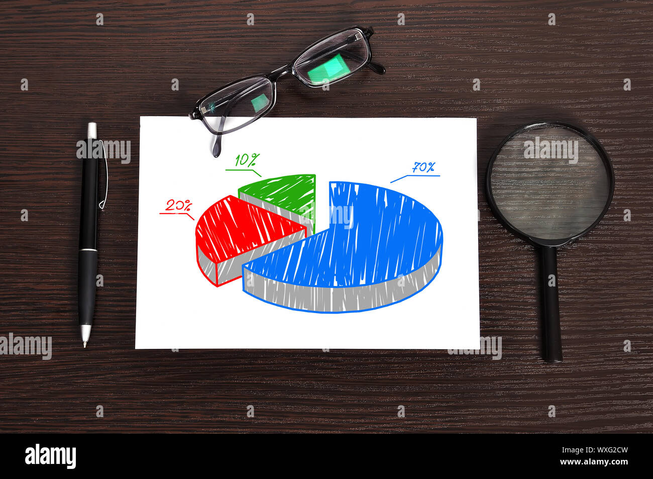 Modern workplace with pie chart on paper Stock Photo - Alamy
