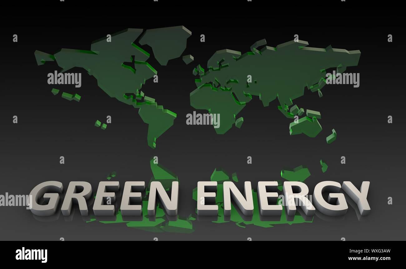 Green Energy on a World Map in 3d Stock Photo - Alamy