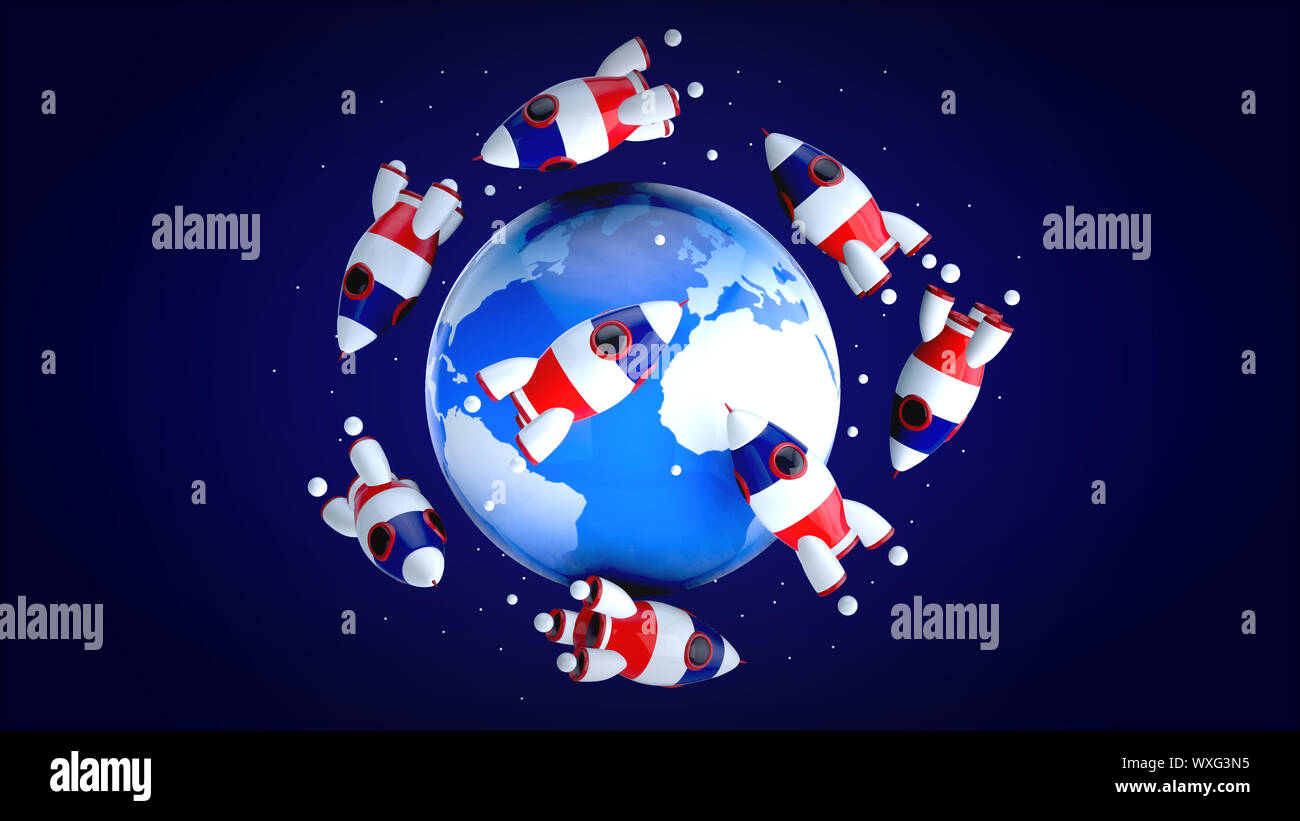 Rockets around the world - 3D Illustration Stock Photo - Alamy
