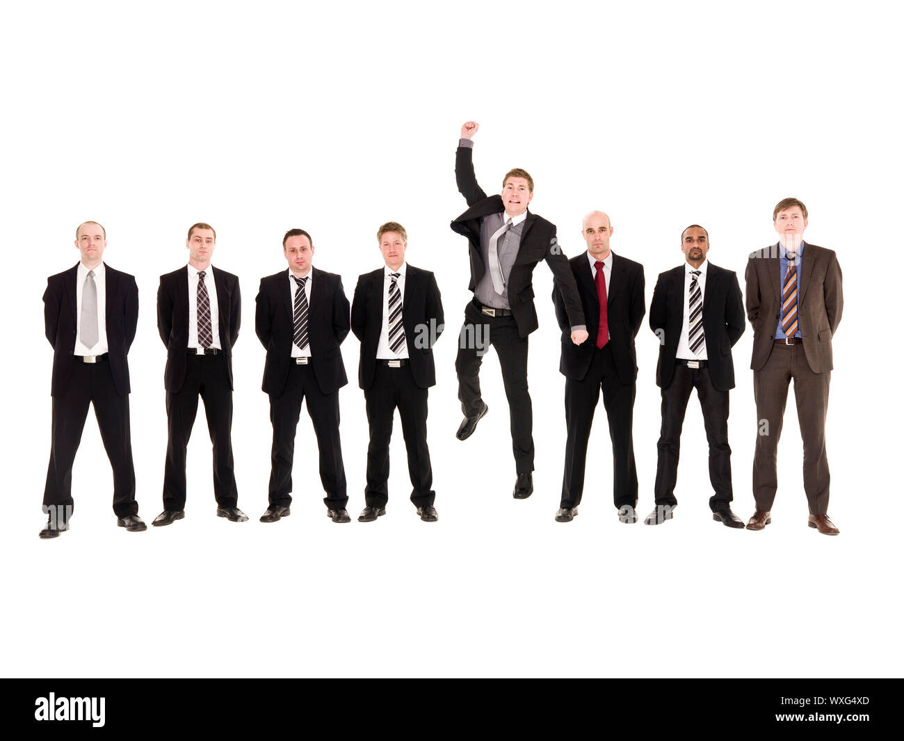 Jumping man in a row with other men isolated on white background Stock ...