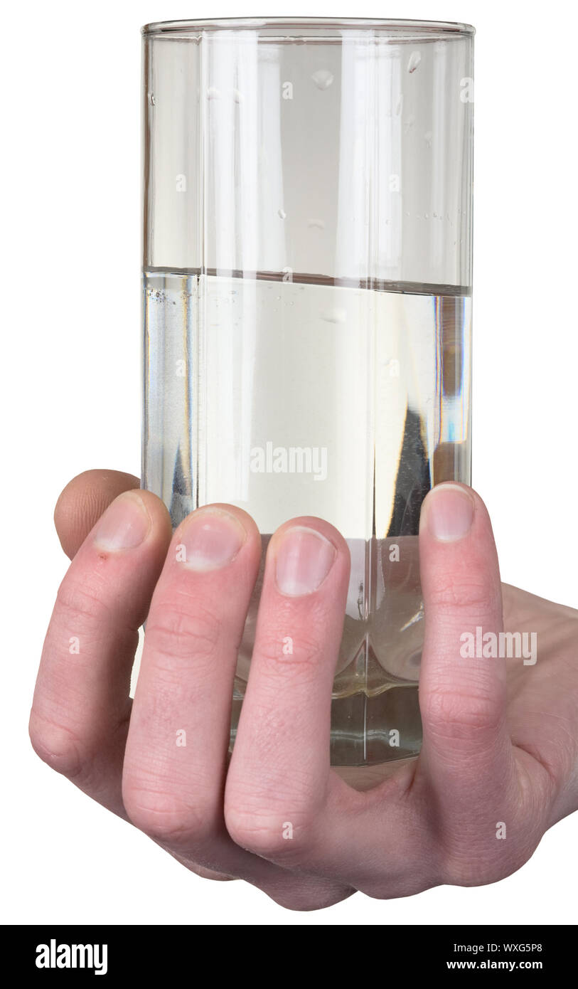 Glass on hand of water on hand on the white background Stock Photo - Alamy