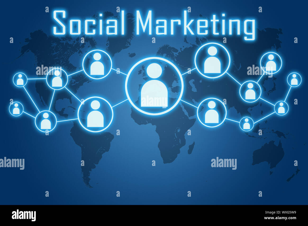 social marketing concept on blue background with world map Stock Photo ...