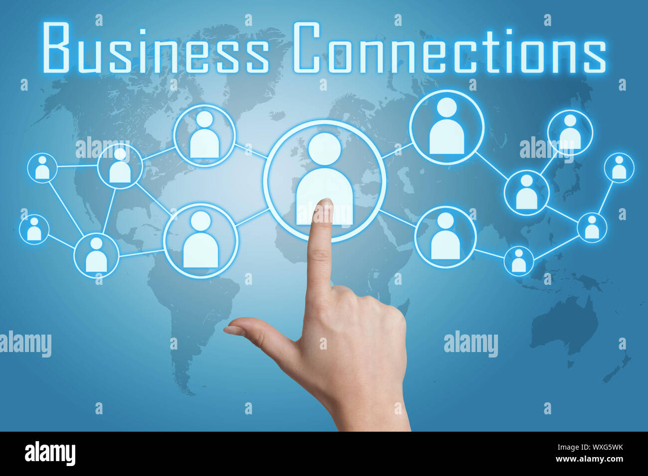 woman hand pressing business connections icon on blue background with ...