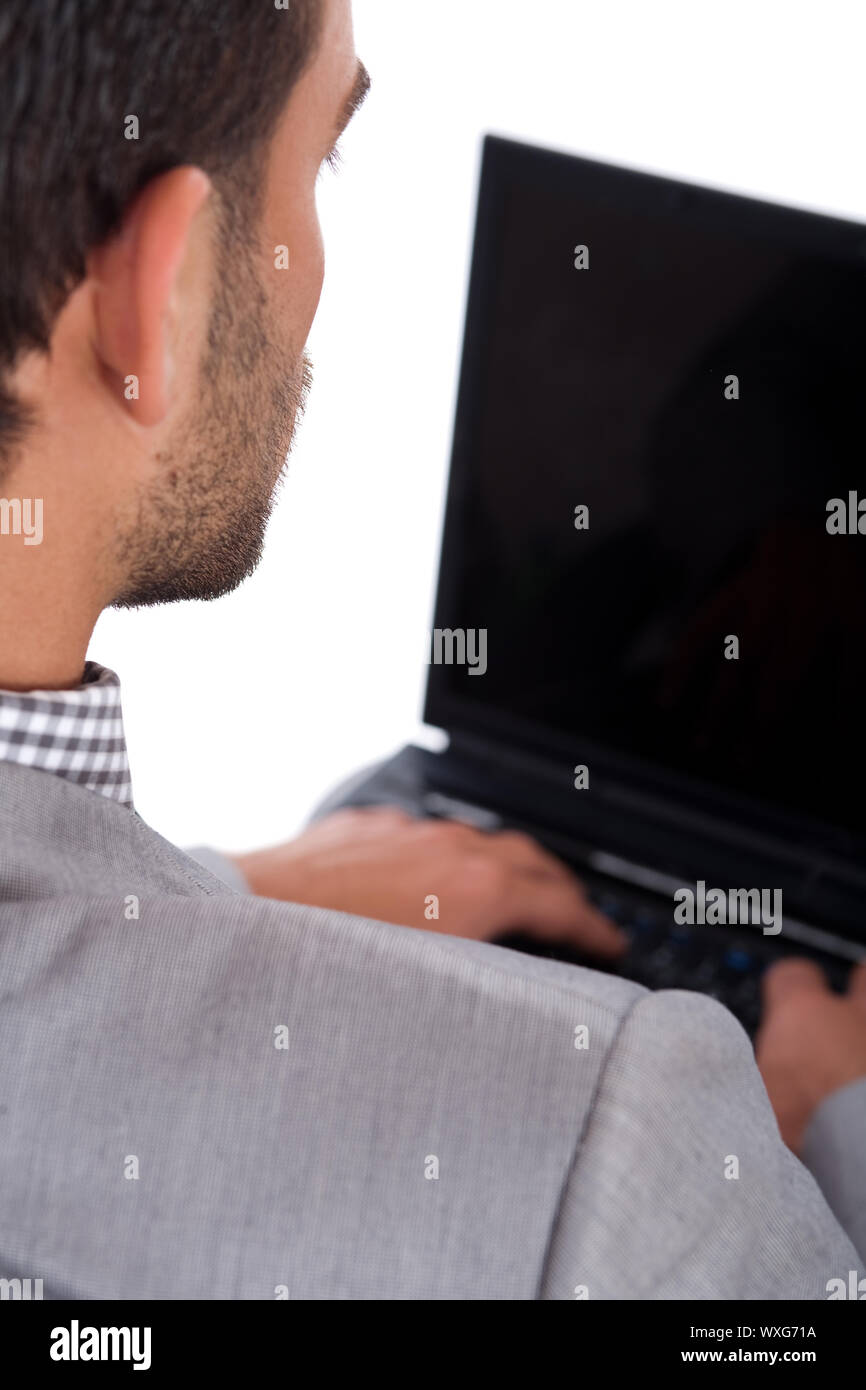 Business man working with laptop at office desk isolated white ...