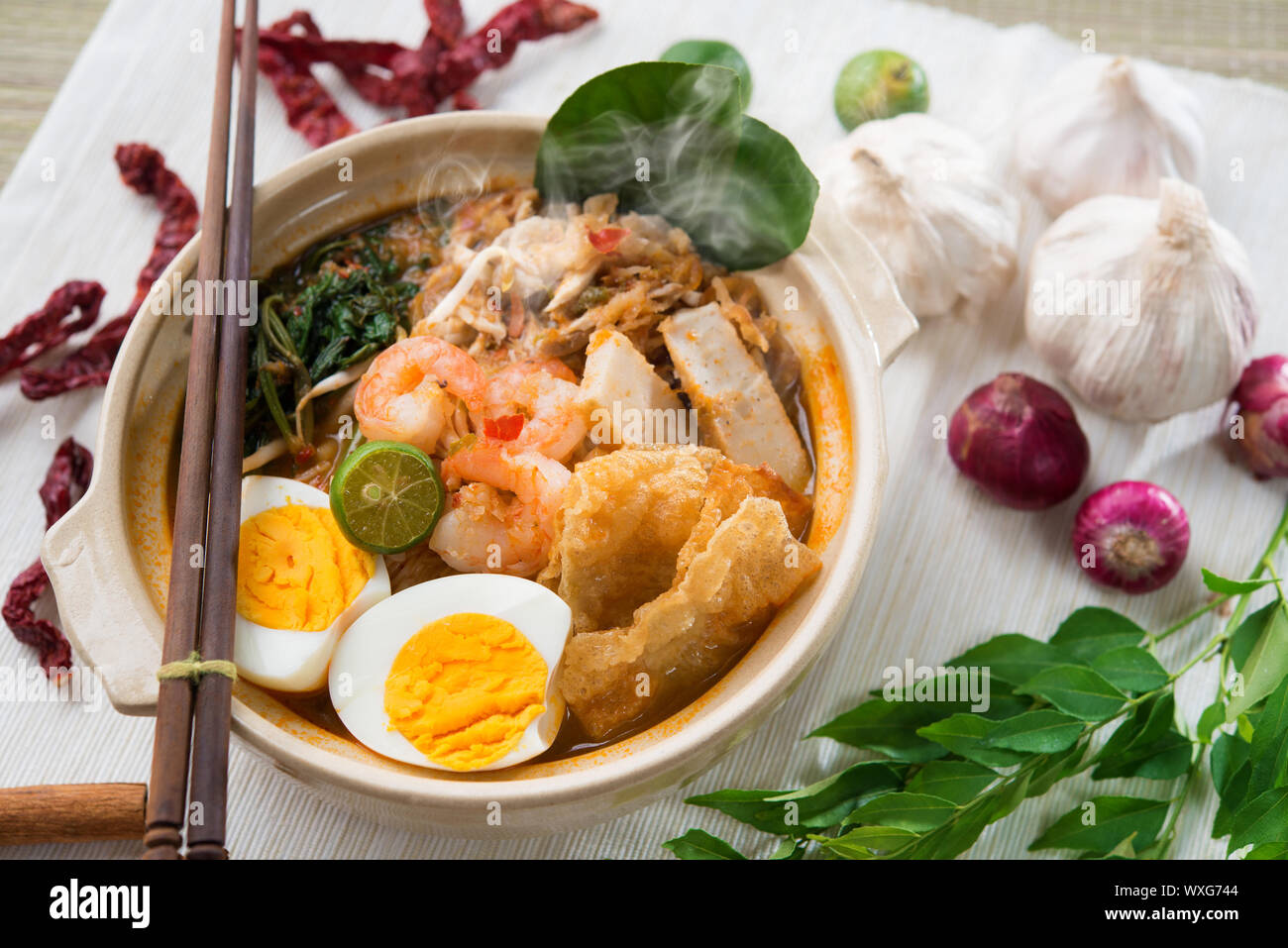Prawn mee, prawn noodles. Famous Malaysian food spicy fresh cooked har ...