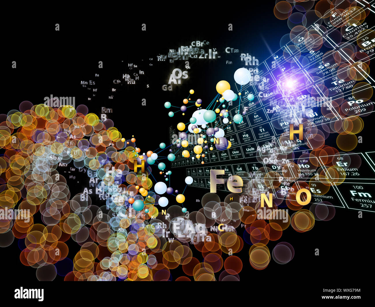 Composition of chemical icons, fractal graphics and design elements ...