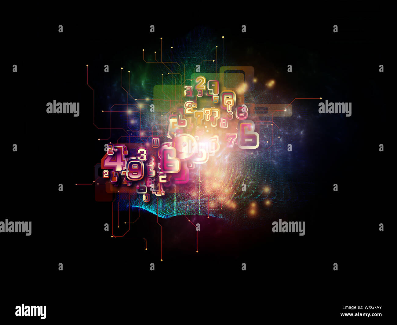 Artistic abstraction composed of symbols, lights, fractal elements on ...