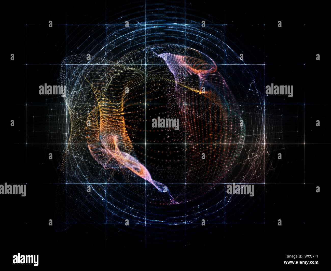 Backdrop of fractal grids and light particles on the subject of ...