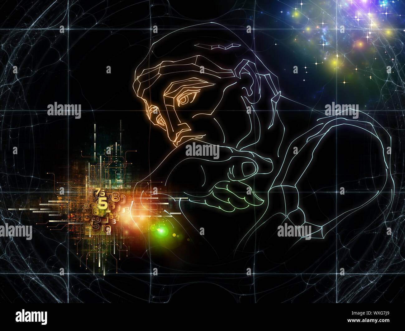Sketch of Rodin's Thinker and numeric design on the subject of math ...