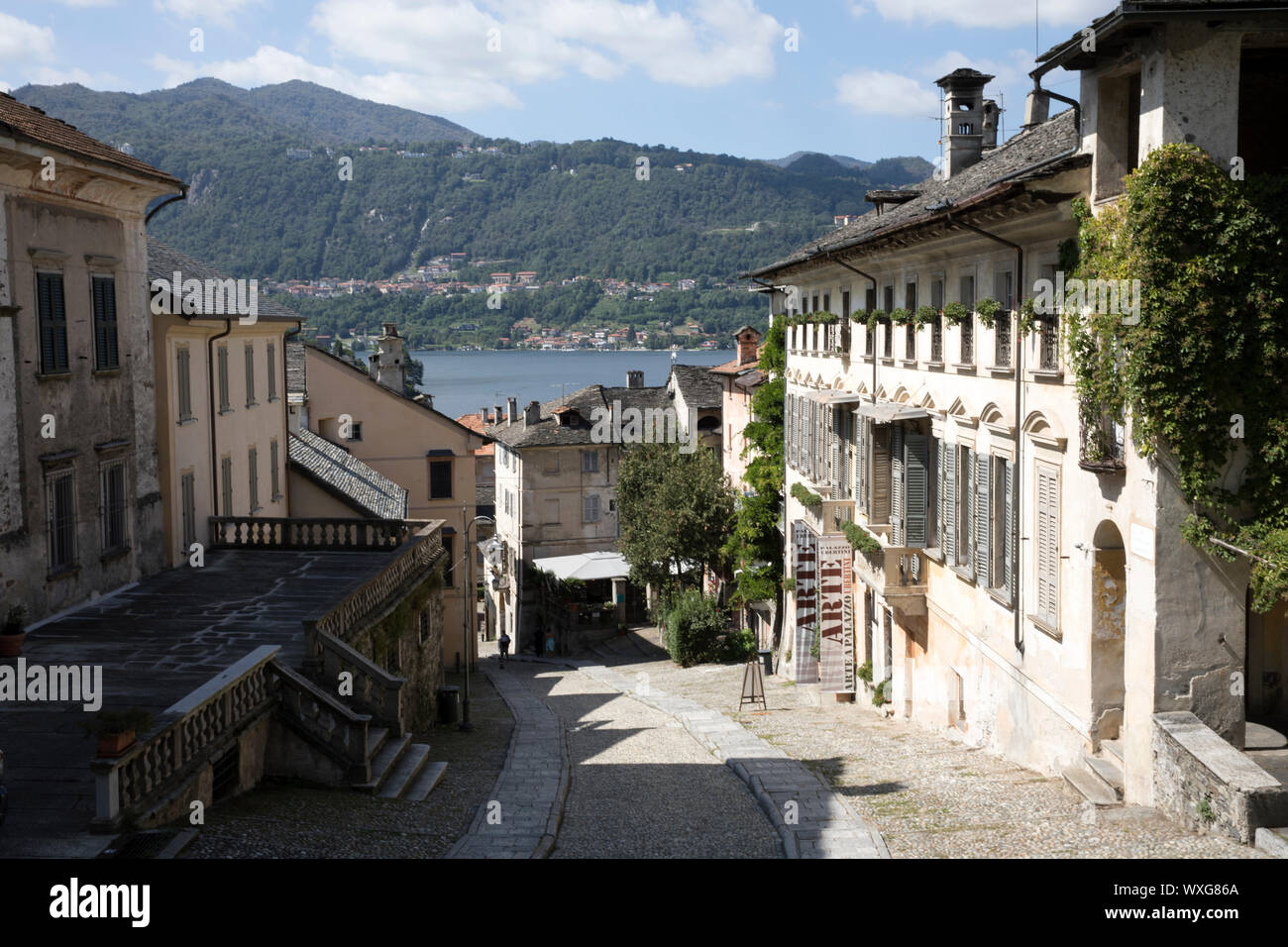 A typical small road in Orta San Giulio island, Orta, Novara, Piedmont ...