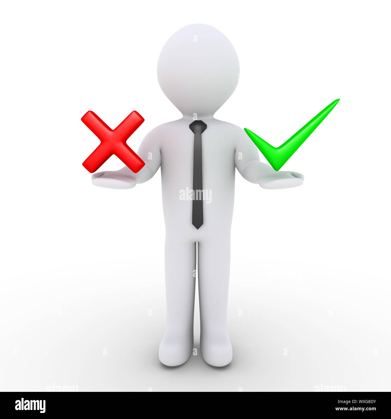 3d businessman is having on his hands a check mark and a cross sign ...